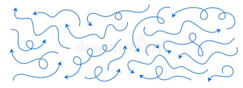 Comic Dotted Thin Arrow Set. Blue Curved Dashed Pointer Collection ...
