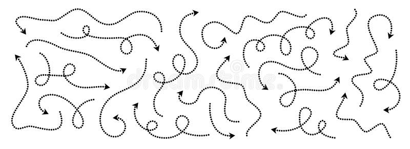 Comic Dotted Thin Arrow Set. Wavy and Curved Dashed Pointer Collection ...