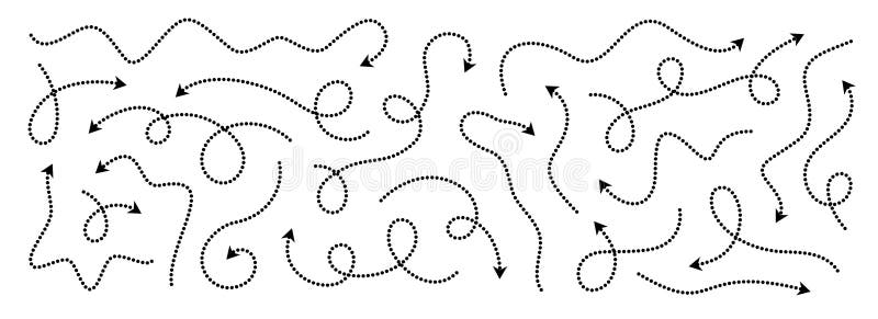 Comic Dotted Thin Arrow Set. Wavy Curved Dashed Pointer Collection ...