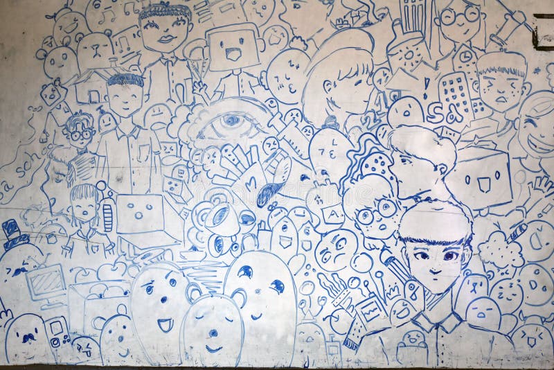 Comic Drawing on White Board by Using Blue Pen Stock Photo - Image of ...