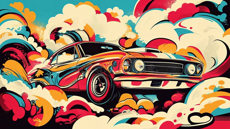 Comic Dynamic Illustration of a Classic Vintage Car in Motion with ...