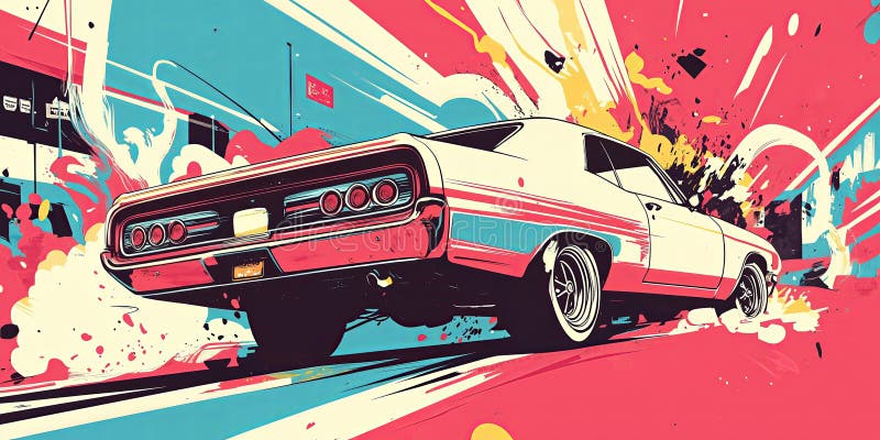 Comic Dynamic Illustration of a Classic Vintage Car in Motion with ...