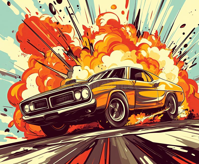 Comic Dynamic Illustration of a Classic Vintage Car in Motion with ...