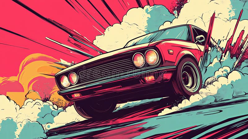 Comic Dynamic Illustration of a Classic Vintage Car in Motion with ...