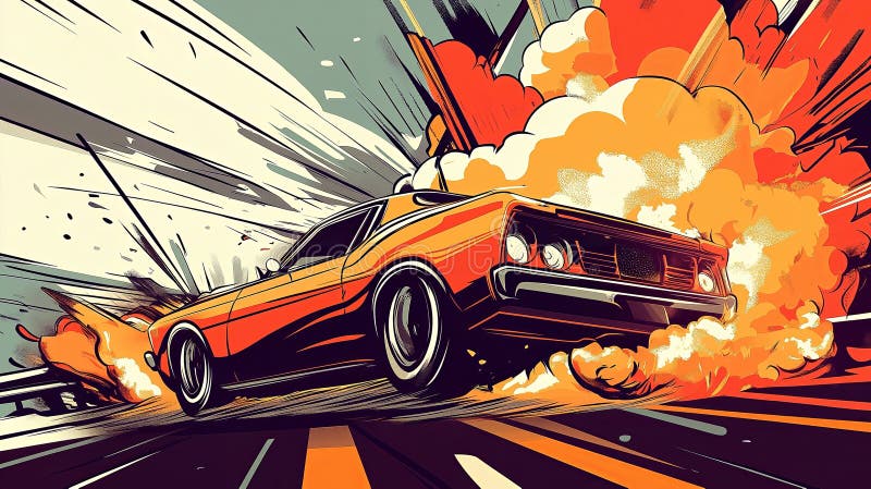 Comic Dynamic Illustration of a Classic Vintage Car in Motion with ...