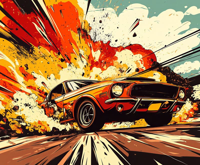 Comic Dynamic Illustration of a Classic Vintage Car in Motion with ...