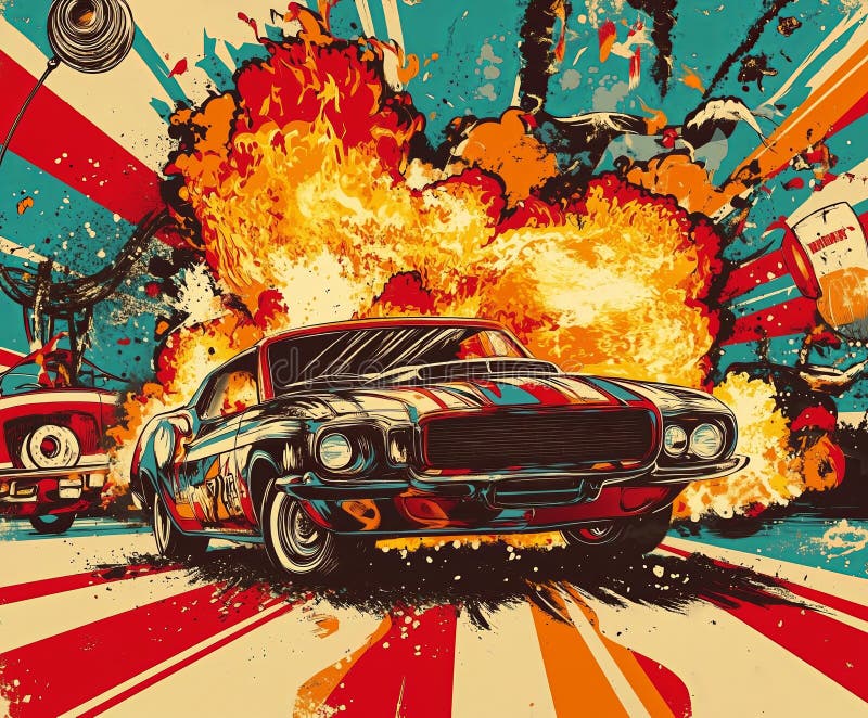 Comic Dynamic Illustration of a Classic Vintage Car in Motion with ...