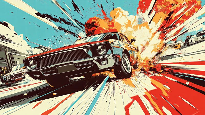 Comic Dynamic Illustration of a Classic Vintage Car in Motion with ...