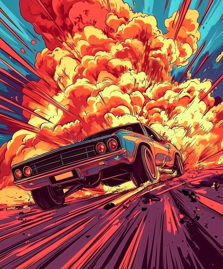 Comic Dynamic Illustration of a Classic Vintage Car in Motion with ...