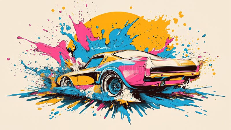 Comic Dynamic Illustration of a Classic Vintage Car in Motion with ...