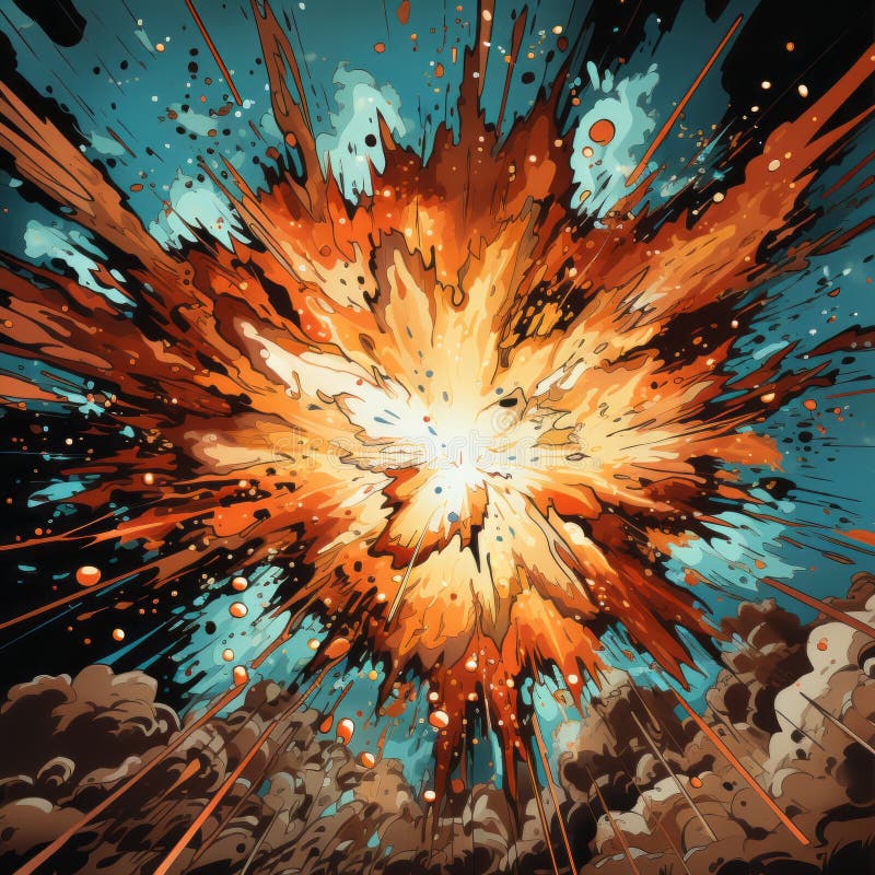 Retro Comic Book Style Supernova Explosion in Dark Orange and Sky-blue ...