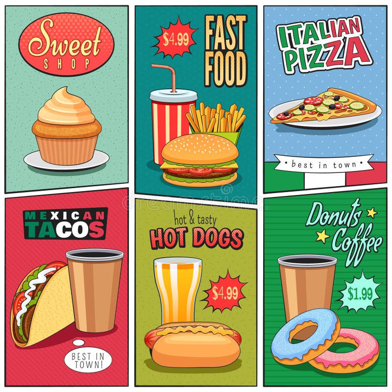 Comic Fast Food Mini Posters Collection Stock Vector - Illustration of ...