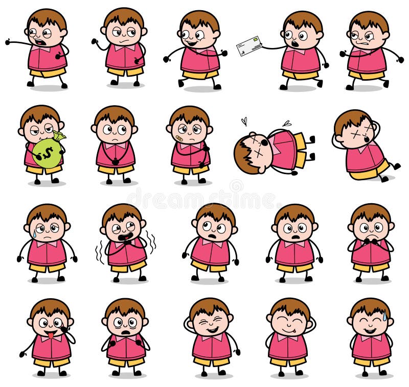 Comic Fat Boy with Various Poses - Set of Concepts Vector Illustrations ...