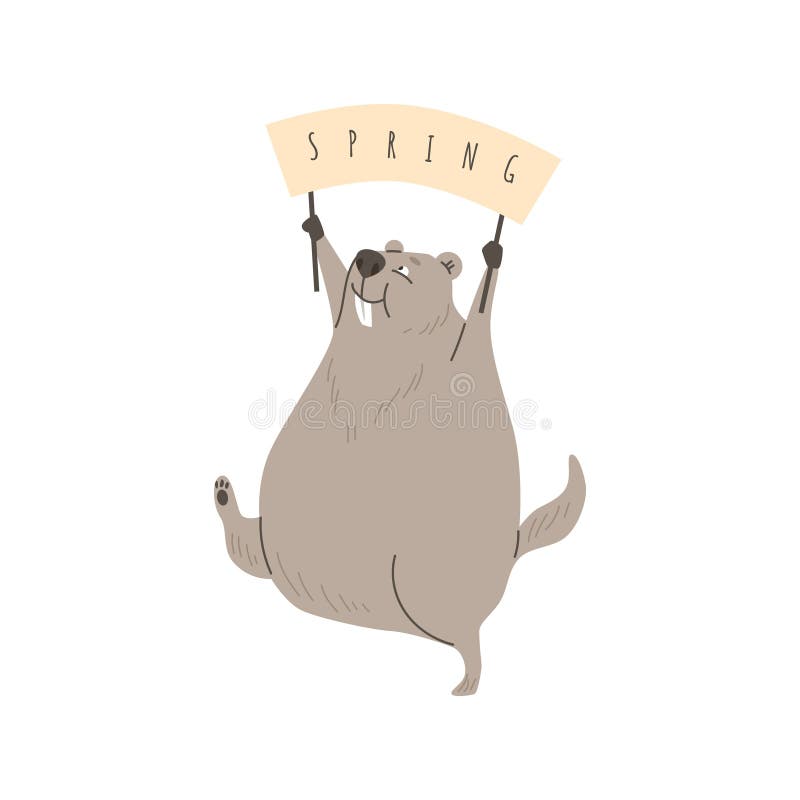 Comic Funny Groundhog Running with Spring Banner Overhead Flat Style ...
