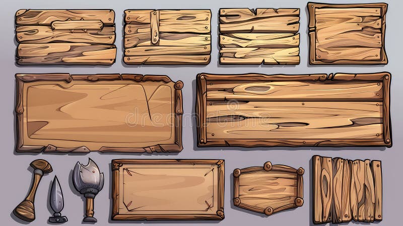 Comic Game UI Elements: Wooden Board and Title Border Stock Image ...