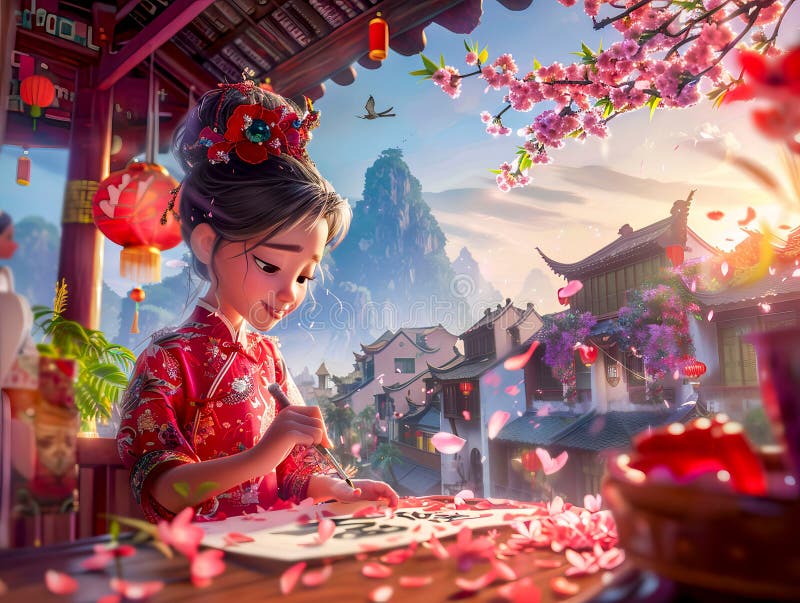 Comic Girl Writing Calligraphy in May Stock Illustration - Illustration ...