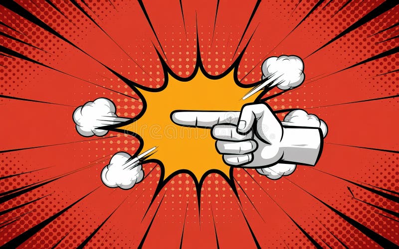 Comic Hand Pointing Finger with Smoke and Explosion Effect on Red ...
