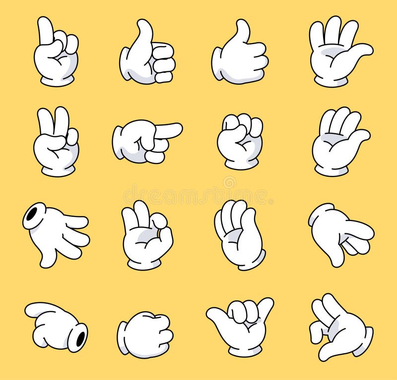 Comic Hands in White Gloves. Different Types of Hand Gestures. Palms in ...
