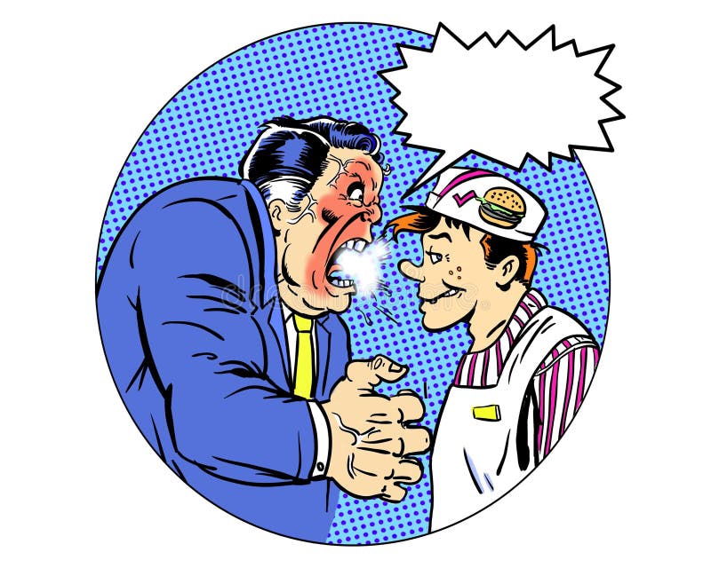 Comic Illustrated Angry Fast Food Manager with Dialog Balloon Stock ...