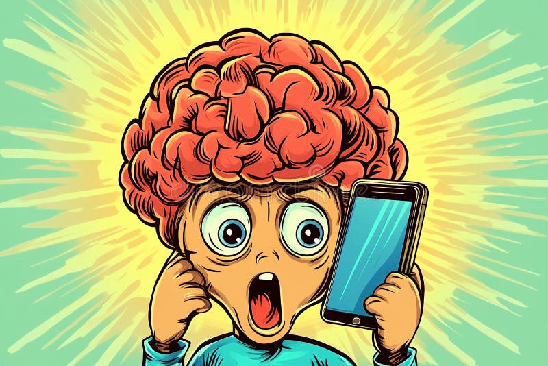 Comic Illustration of a Brain Holding a Smartphone. Brain Rot Concept ...