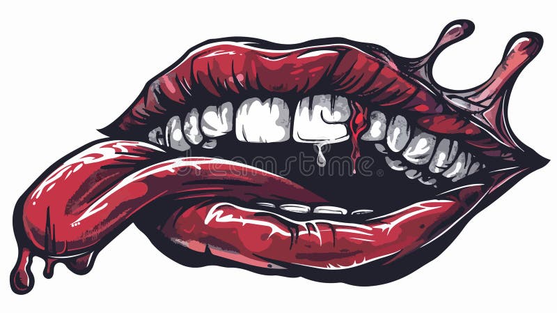 Comic Illustration of Woman Biting Red Lips with Sharp Teeth in Vector ...