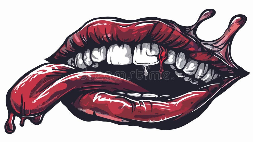 Comic Illustration of Woman Biting Red Lips with Sharp Teeth in Vector ...
