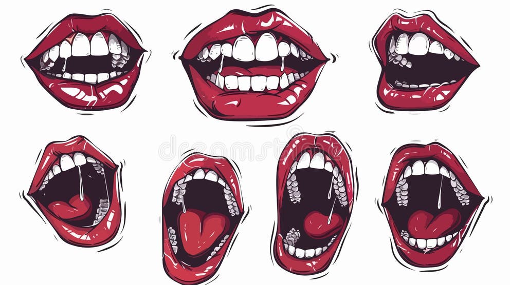 Comic Illustration of Woman Biting Red Lips with Sharp Teeth in Vector Art Stock Vector ...