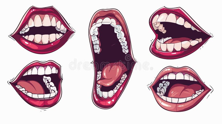 Comic Illustration of Woman Biting Red Lips with Sharp Teeth in Vector ...