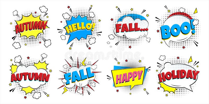 8 Comic Lettering Autumn in the Speech Bubbles Comic Style Flat Design ...
