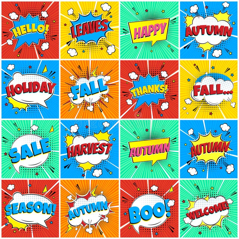 16 Comic Lettering Autumn in the Speech Bubbles Comic Style Flat Design ...