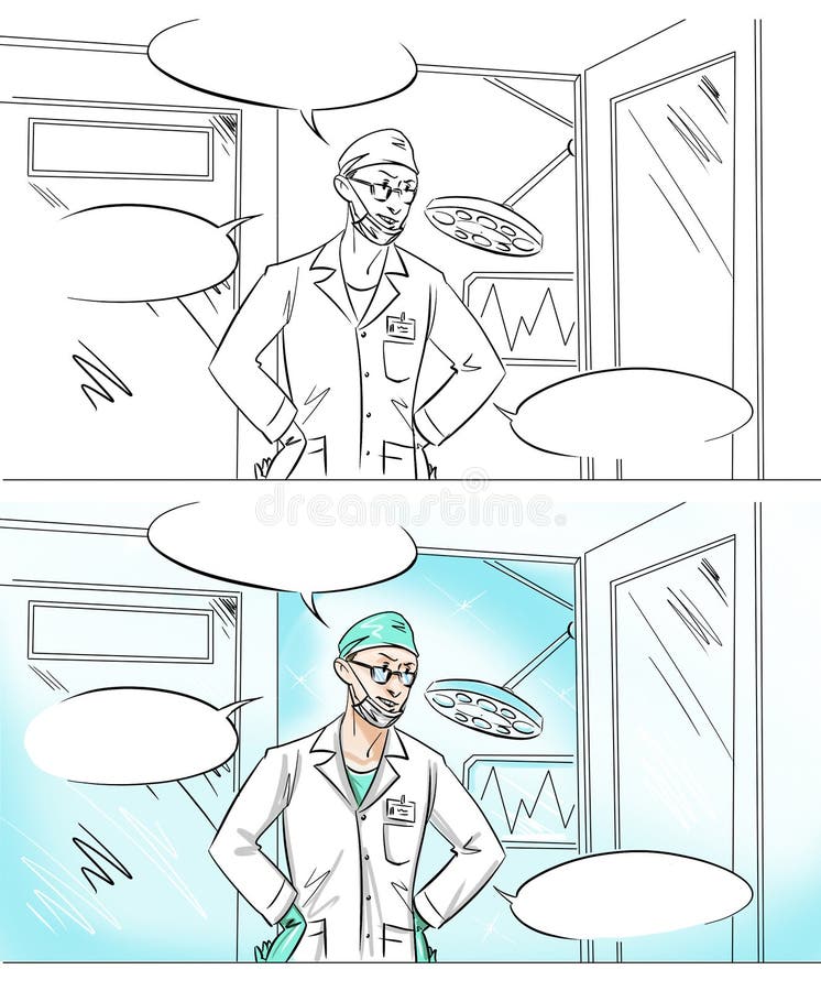 Comic Frame with Cartoon Surgeon Standing at the Doors of the Operating ...