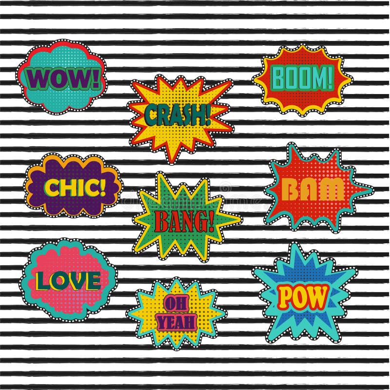 Comic Patch Sound Effects in Pop Art Vector Style. Sound Bubble Stock ...