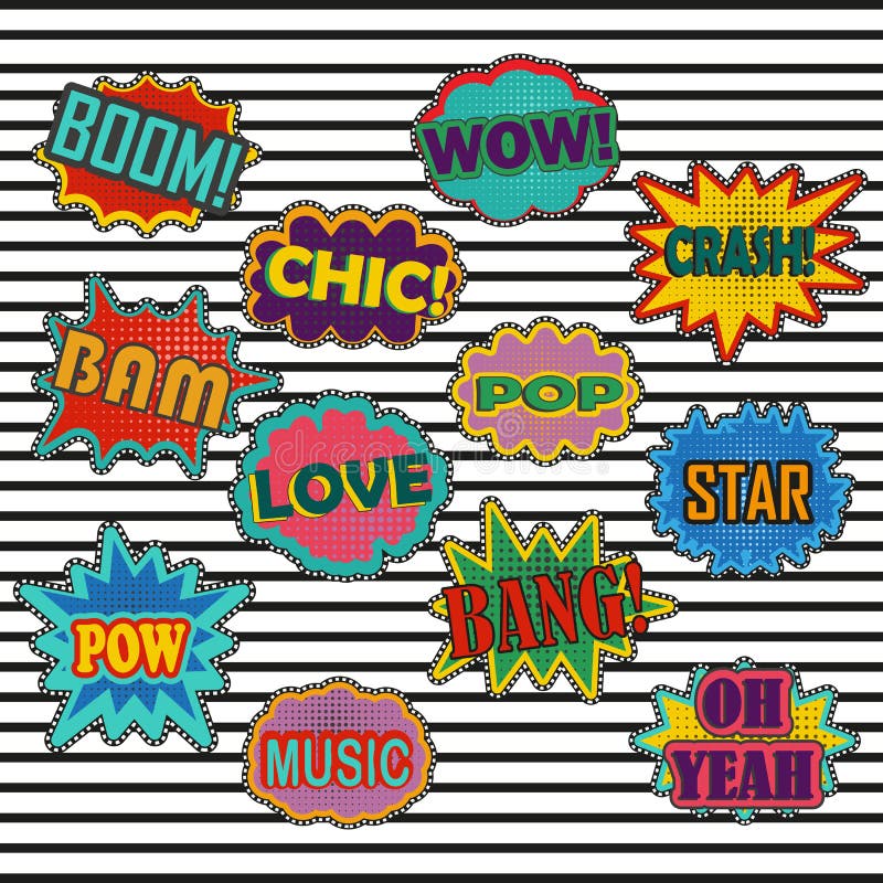 Comic Patch Sound Effects in Pop Art Vector Style. Sound Bubble Speech ...