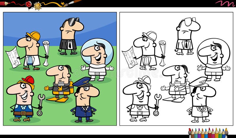 Comic People of Different Occupations Group Coloring Page Stock Vector ...