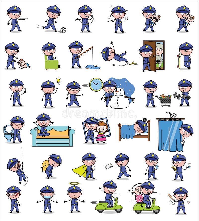 Comic Policeman Cop Character - Set of Concepts Vector Illustrations ...