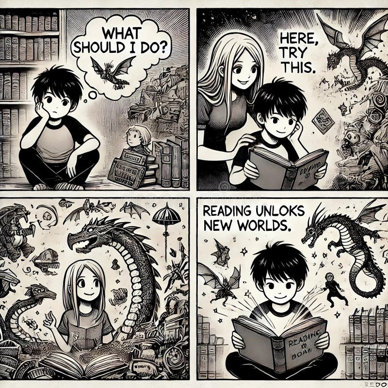 Comic Reading Adventure: Unlocking the World of Fantasy Stock Image ...