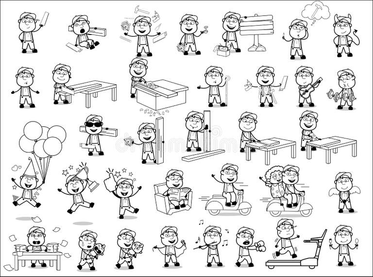 Comic Retro Carpenter Character - Set of Concepts Vector Illustrations ...