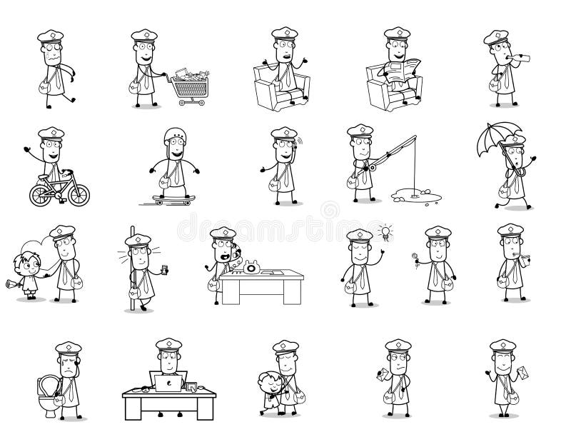 Comic Retro Mailman Character - Set of Concepts Vector Illustrations ...