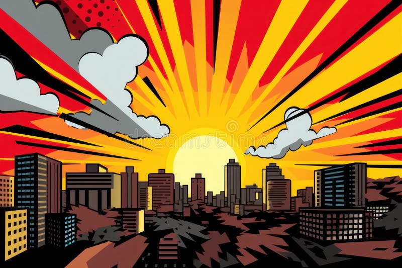 Comic Retro Pop Art Style Sunrise in the City Stock Illustration ...