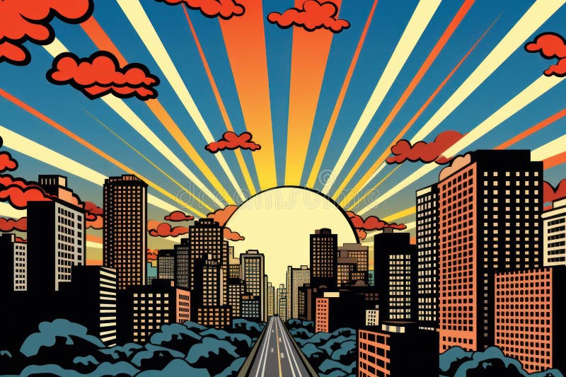 Comic Retro Pop Art Style Sunrise in the City Stock Illustration ...