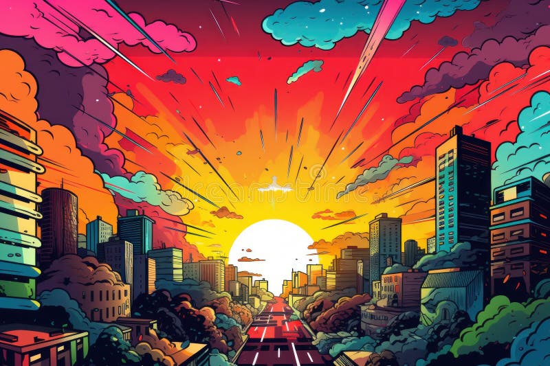 Comic Retro Pop Art Style Sunrise in the City Stock Illustration ...