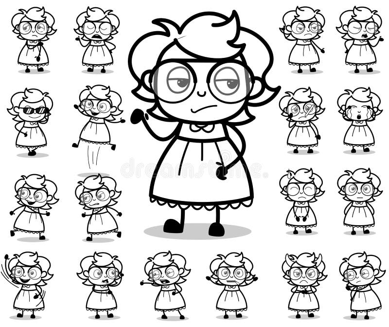 Comic Retro Poses of Intelligent Girl - Collection of Concepts Vector ...