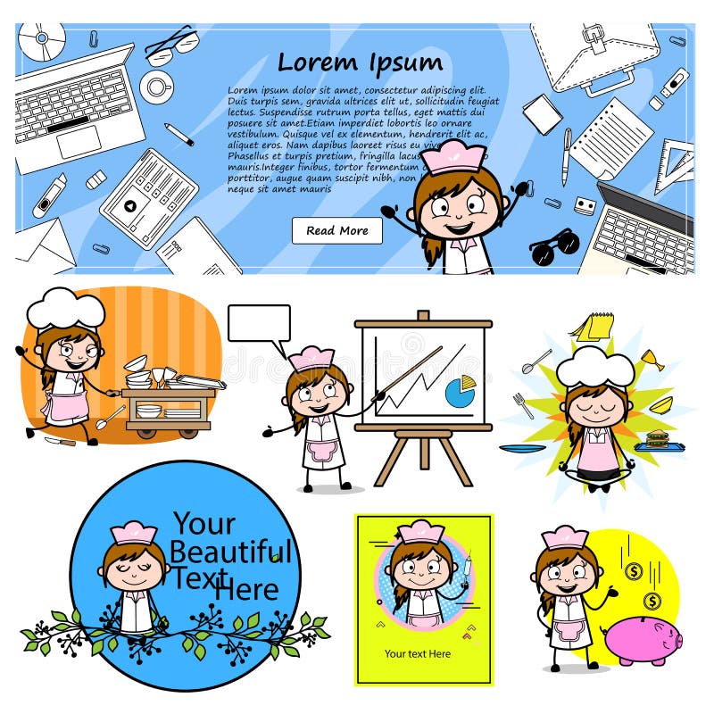 Comic Retro Waitress - Set of Concepts Vector Illustrations Stock ...