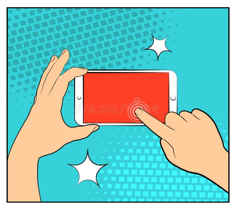 Set Comic Smartphone Phone with Halftone Shadows. Hand Holding ...