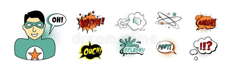 Comic Sound Effect in Pop Art Style with Superhero Vector Set Stock ...