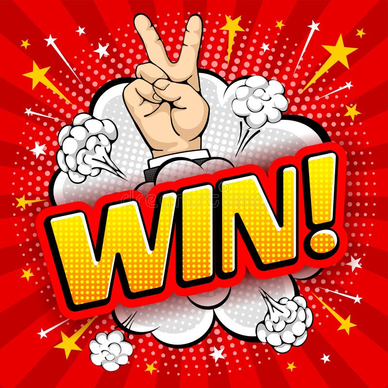 Comic Speech Bubble with Expression Text Win ! and Hand Gesture Victory ...