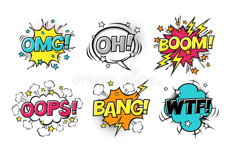Comic Speech Bubbles Set with Different Emotions and Text BOOM, OMG, OH ...