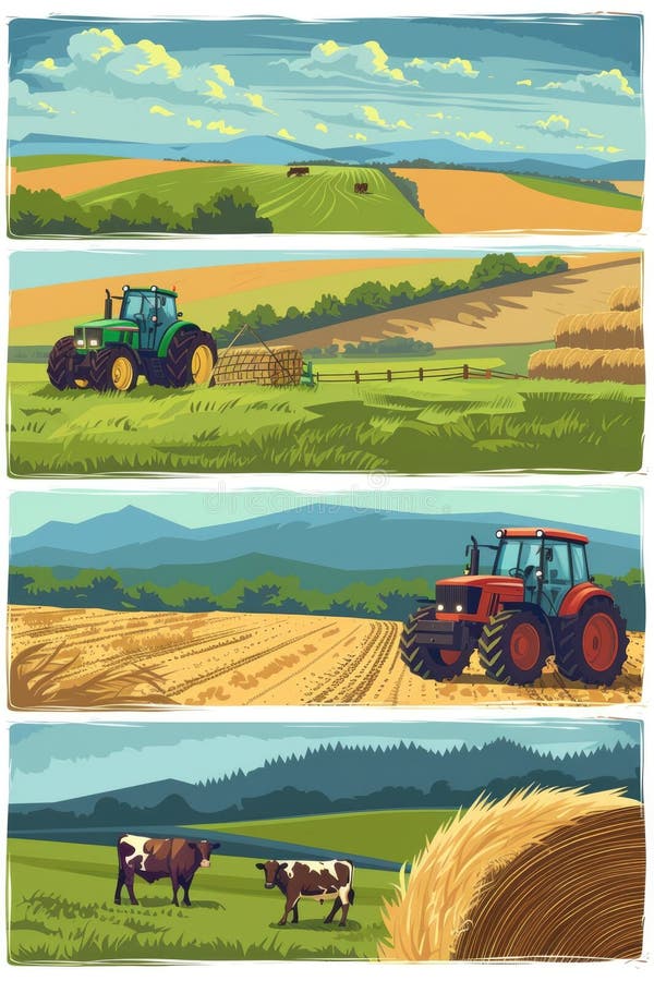 Comic Strip of Farm with Tractor and Cow Stock Photo - Image of hill ...