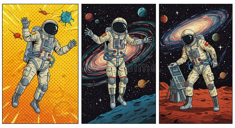 Comic-style Artwork Features Three Panels Depicting Astronauts. the ...