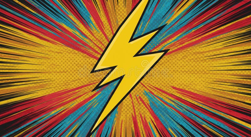 Comic-style Artwork Featuring a Central Yellow Lightning Bolt with Bold ...